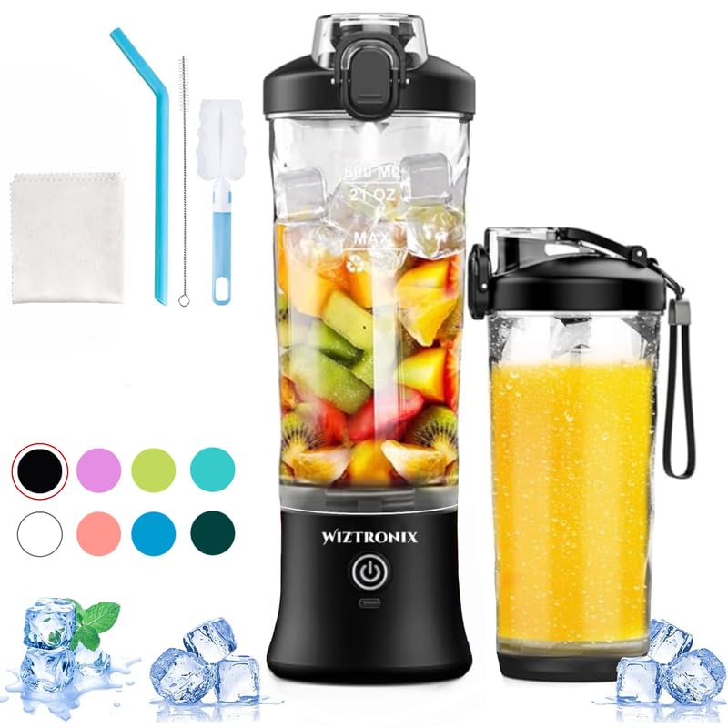 WIZTRONIX Cordless 21oz Portable Blender BPA Free With Personal Blender Cup, Best For Smoothie, Shakes, and Cocktails, With Durable Stainless Steel Blades, USB-C Rechargeable in Peach - Black