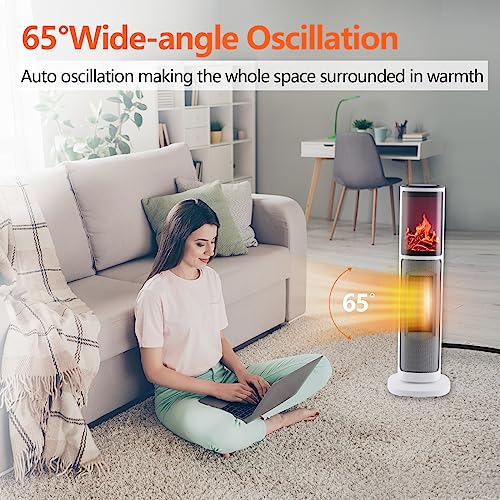 Trendgear Tower Heater for Indoor Use, 750/1500W Ceramic Space Heater with Thermostat&Oscillating, Digital Space Heater with Realistic 3D Flame, Timer and Remote Control