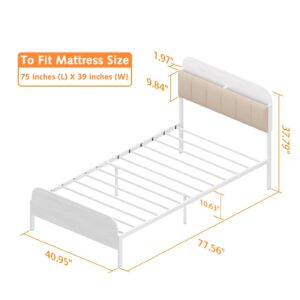 Timy Kids Twin Bed Frame with Bookcase Headboard, Metal Platform Bed Frame with Upholstered Headboard for Boys Girls Teens Adults, No Box Spring Needed, White