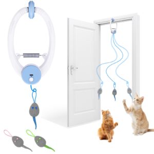 kezlume cat toy interactive for indoor cats, smart usb rechargeable door hanging automatic retractable kitten toys, teaser electronic self play feather cat string toy attached with 3 catnip mice white