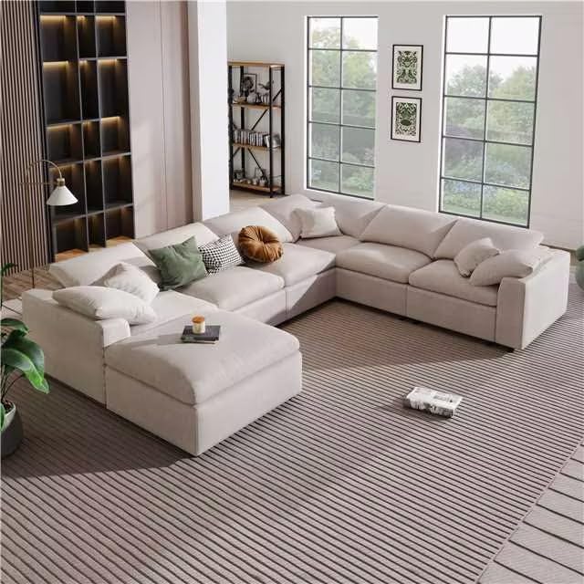 JURMALYN 129.3" Oversized Modular Sectional Sofa Couch for Living Room L U Shaped Sofa with Ottoman, Corner Convertible Sectional Couch for Home Office Spacious Space -Beige