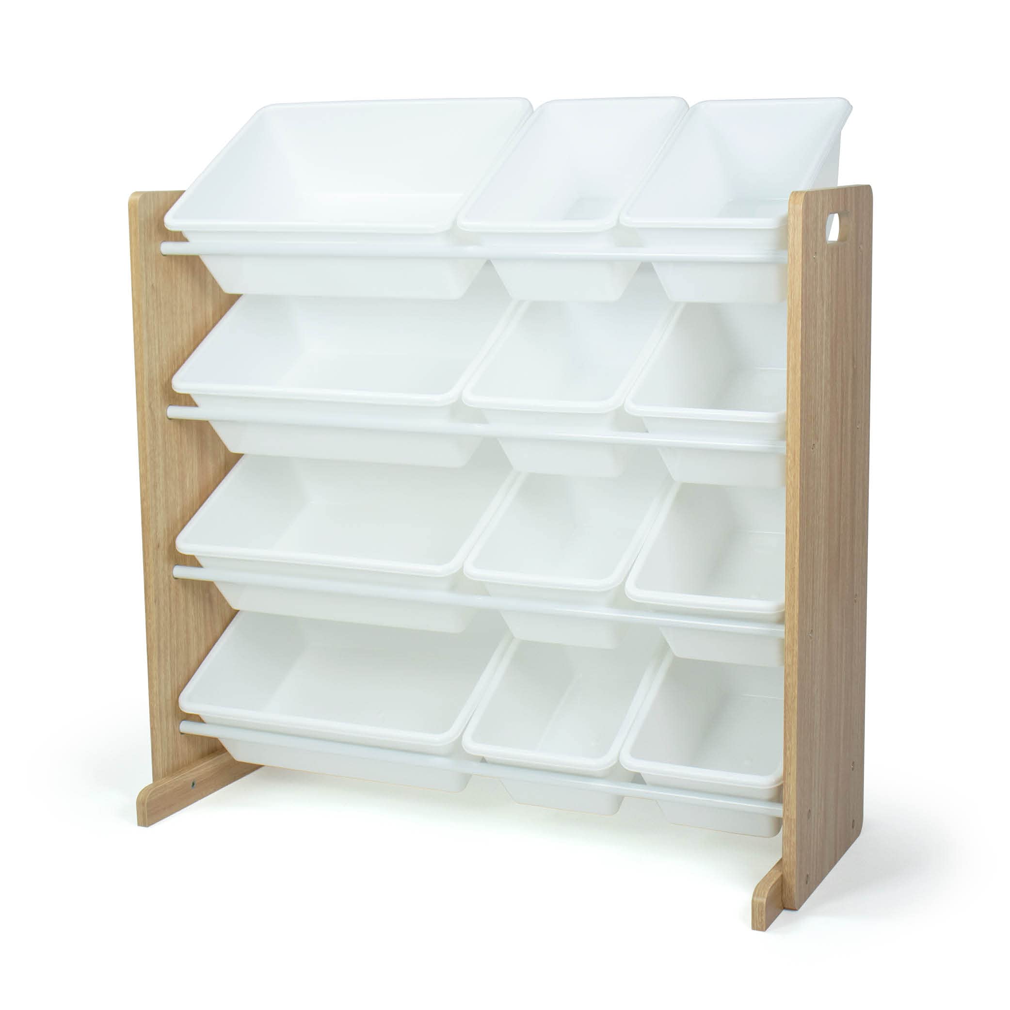 Humble Crew, Natural Wood/White Kids Toy Organizer with 12 Storage Bins & 4 tier, Natural/White Kids Book Rack Storage Bookshelf with Deep Sleeves, Universal