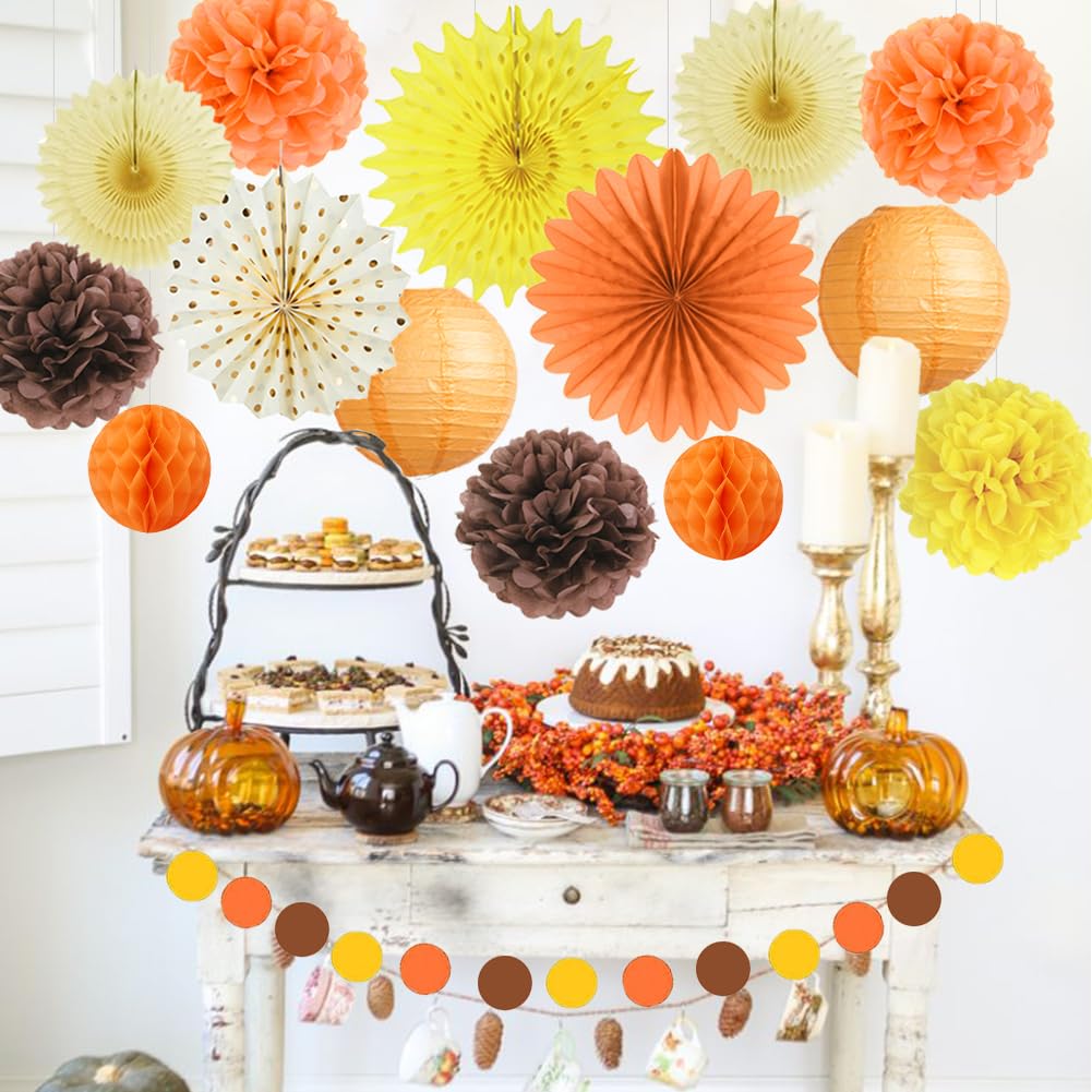 Fall Party Decorations Orange Yellow Brown Paper Fans Paper Pom Poms Paper Lanterns Circle Dot Garland for Orange Yellow Autumn Fall Birthday Bridal Shower Baby Shower Party Decor