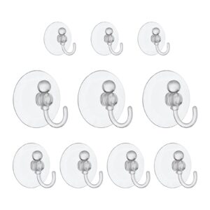 luckyopt suction cup hooks, 10pcs removable window suction cups with hooks including 3 sizes for glass, pvc suction cups with hooks for shower, bathroom and kitchen (round)