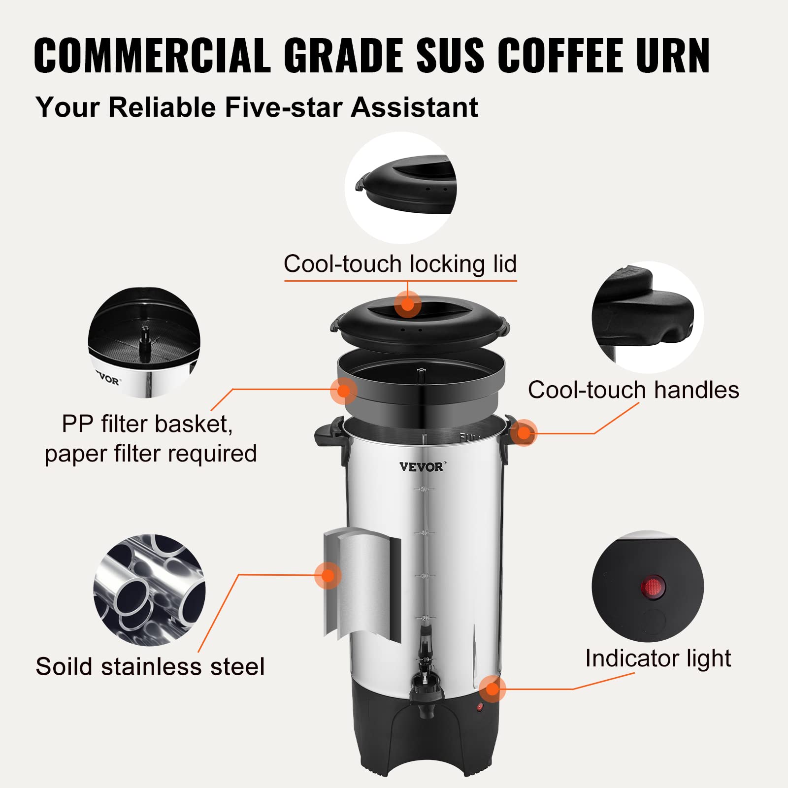 VEVOR Coffee Urn 50Cups/7.5qt, Coffee Maker Urn 1000W,Large Coffee Dispenser with Detachable Power Cord