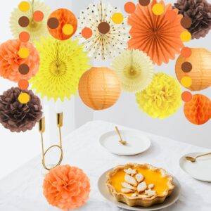 Fall Party Decorations Orange Yellow Brown Paper Fans Paper Pom Poms Paper Lanterns Circle Dot Garland for Orange Yellow Autumn Fall Birthday Bridal Shower Baby Shower Party Decor