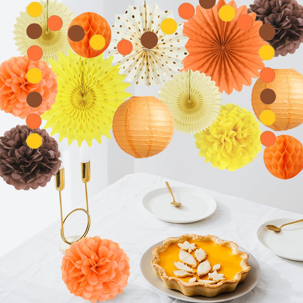 Fall Party Decorations Orange Yellow Brown Paper Fans Paper Pom Poms Paper Lanterns Circle Dot Garland for Orange Yellow Autumn Fall Birthday Bridal Shower Baby Shower Party Decor