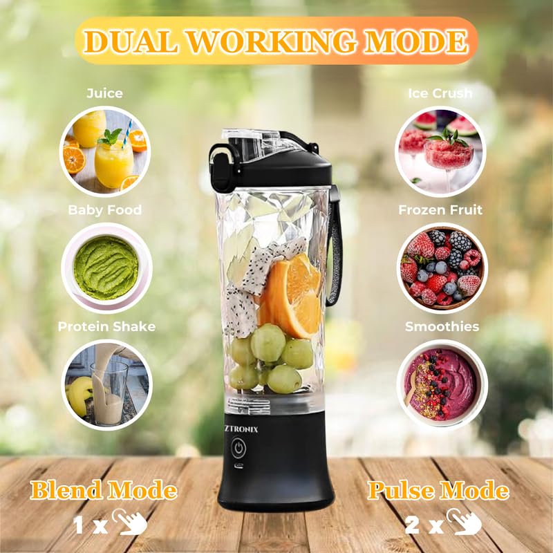 WIZTRONIX Cordless 21oz Portable Blender BPA Free With Personal Blender Cup, Best For Smoothie, Shakes, and Cocktails, With Durable Stainless Steel Blades, USB-C Rechargeable in Peach - Black