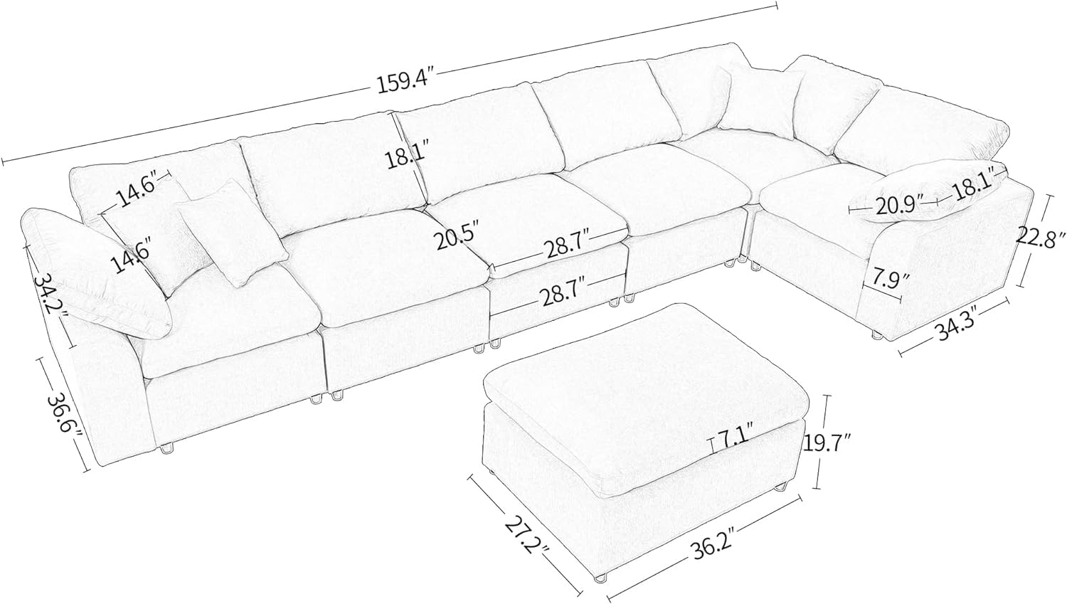 JURMALYN 129.3" Oversized Modular Sectional Sofa Couch for Living Room L U Shaped Sofa with Ottoman, Corner Convertible Sectional Couch for Home Office Spacious Space -Beige