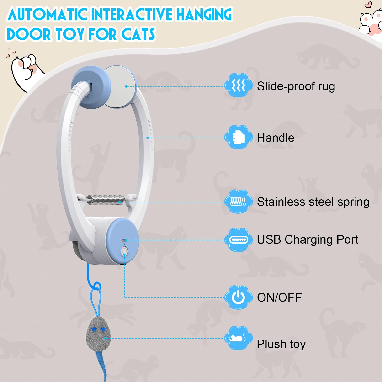 Kezlume Cat Toy Interactive for Indoor Cats, Smart USB Rechargeable Door Hanging Automatic Retractable Kitten Toys, Teaser Electronic Self Play Feather Cat String Toy Attached with 3 Catnip Mice White