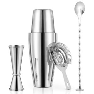 x home cocktail shaker set, professional 4-piece bartender kit with boston shaker, hawthorne strainer, double measuring cocktail jigger, and 10-inch mixing spoon, bartender's choice