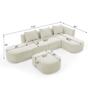 GNIXUU Modular Sectional Sofa, Modern Minimalist Boucle Fabric L-Shaped Sectional Couch with Chaise, Ottoman and 3 Pillows, 113" Comfy Couches Set for Living Room, Office, Apartment(5-seat, Beig)