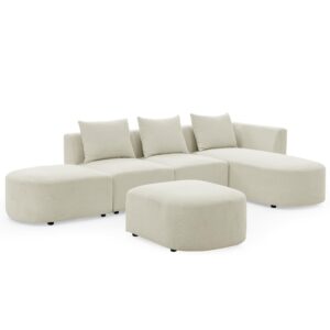 GNIXUU Modular Sectional Sofa, Modern Minimalist Boucle Fabric L-Shaped Sectional Couch with Chaise, Ottoman and 3 Pillows, 113" Comfy Couches Set for Living Room, Office, Apartment(5-seat, Beig)