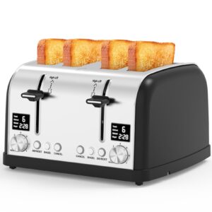 toaster 4 slice,ultra-clear led display, dual control panels with independent settings,retro stainless steel toaster wide slot for waffles, 4 slice toaster with bagel lainstent-5057d (black)