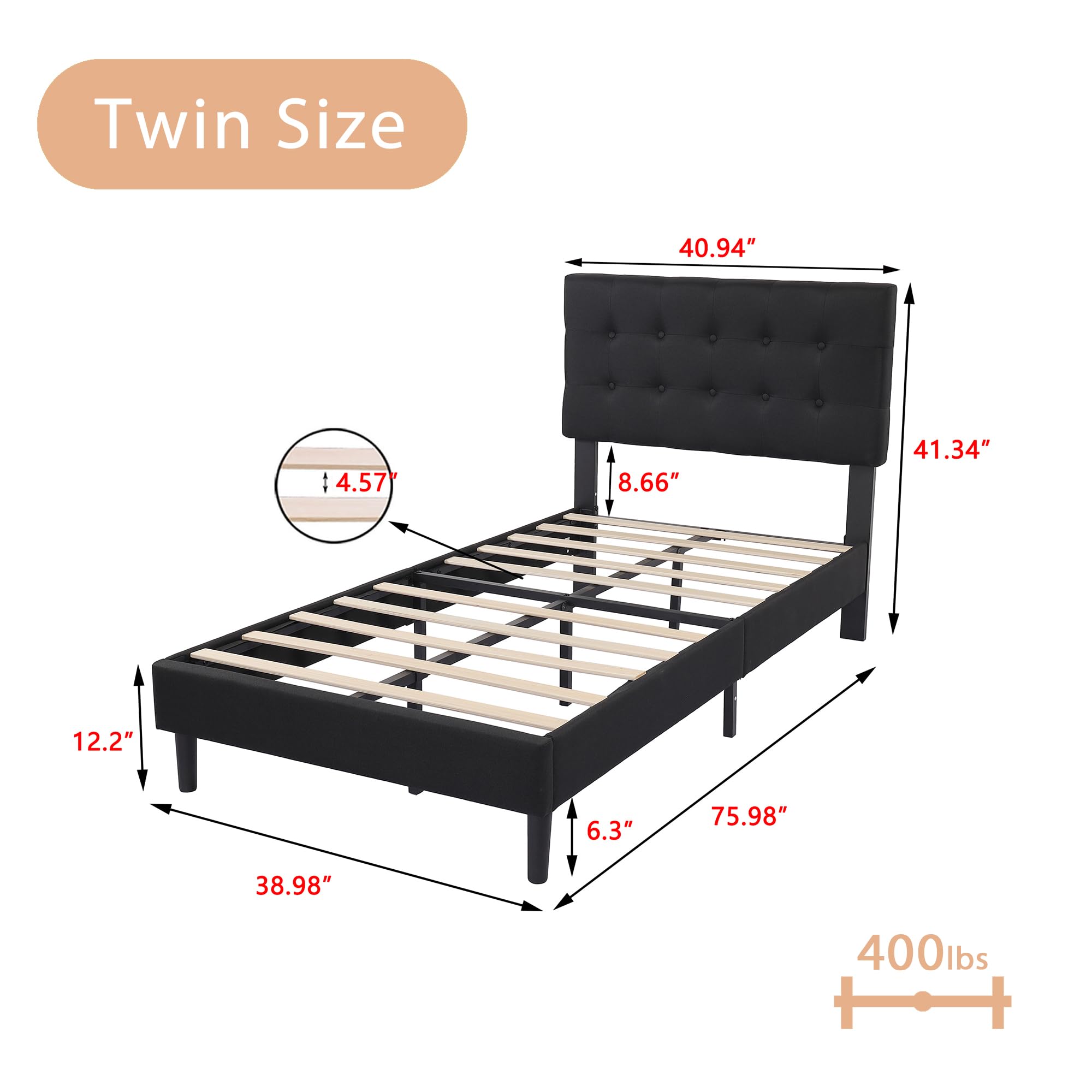 alazyhome Twin Size Upholstered Platform Bed Frame with Button Tufted Linen Headboard Wood Slat Support Easy Assembly No Box Spring Needed Black