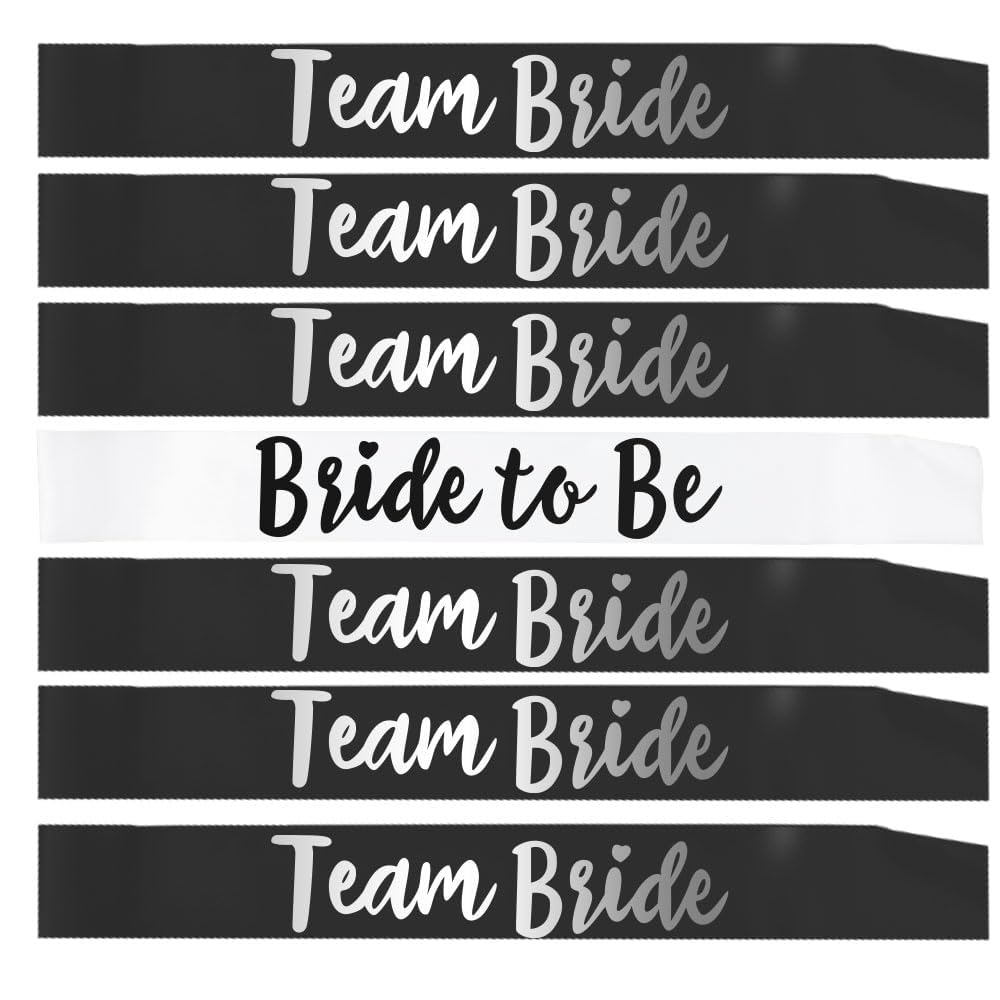 Team Bride 7pc Satin Sash Set - Sophisticated & Fun Party Favors for Bachelorette Party, Bridal Shower & Wedding Party (7pc Set, White & Black)