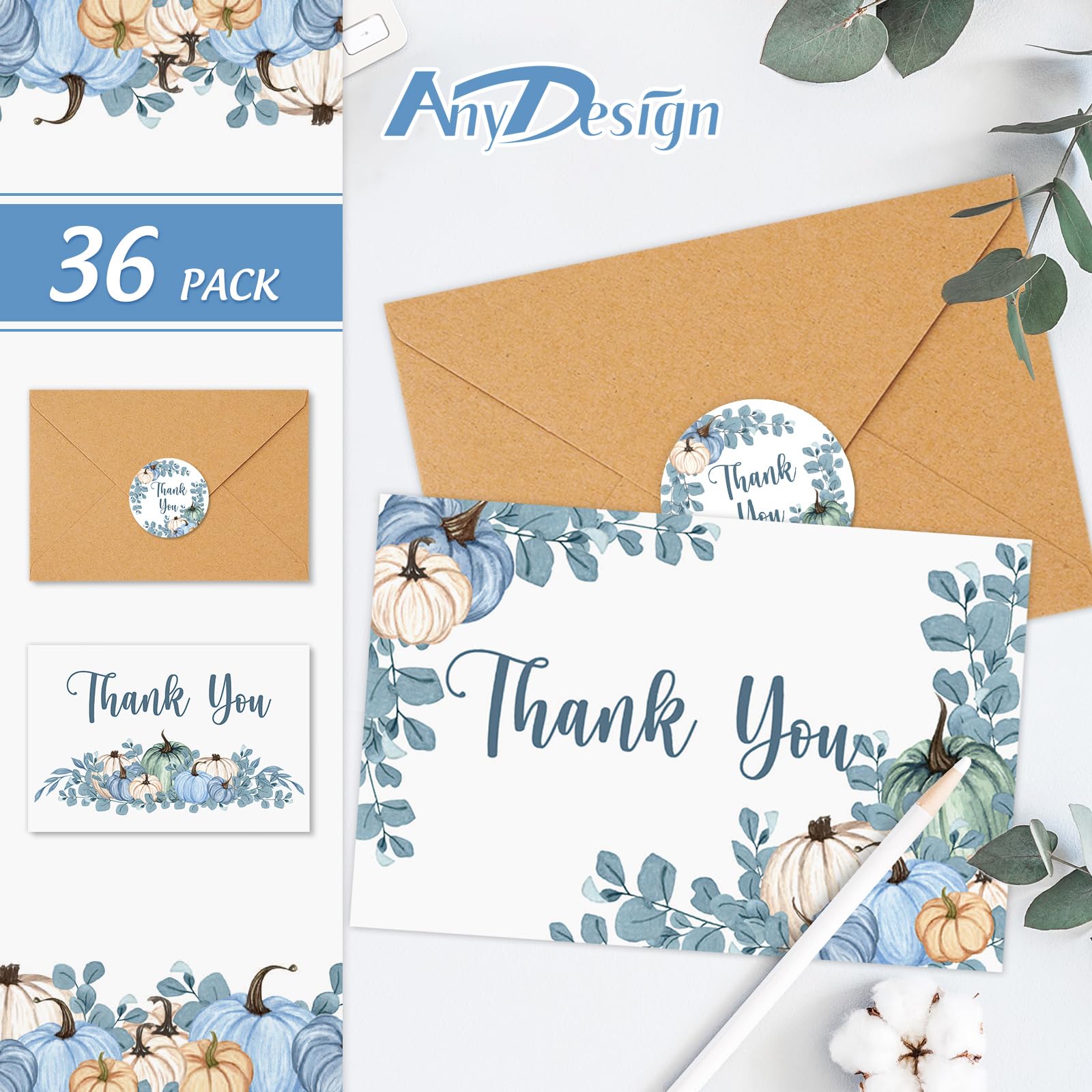 AnyDesign 36 Pack Fall Pumpkin Thank You Card Grey Blue Pumpkin Thank You Note Cards with Envelope Stickers Blue Eucalyptus Leaves Blank Cards for Fall Thanksgiving Baby Shower Wedding, 4 x 6 Inch