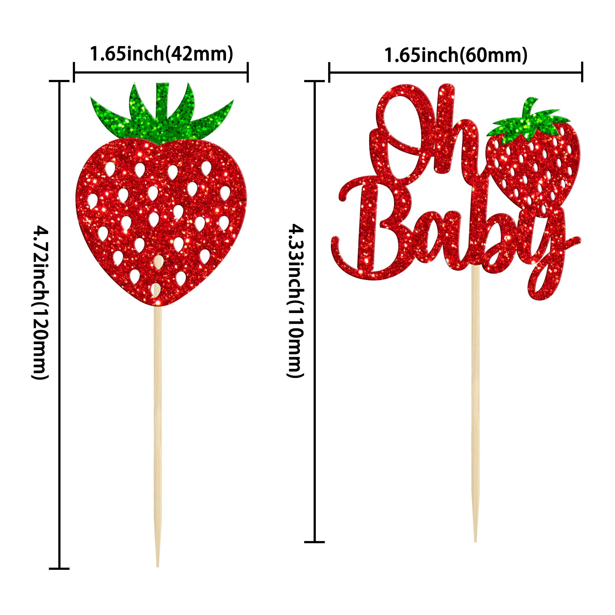 24 Pack Sweet Oh Baby Cupcake Toppers Glitter Oh Baby Strawberry Cupcake Picks Fruit Berry Cupcake Decorations for Summer Strawberry Baby Shower Kids Birthday Party Supplies Red