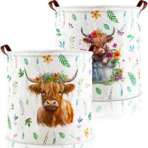 barydat 2 pcs highland cow storage basket, 17.3'' x 16.5'' collapsible waterproof laundry hamper, nursery toys clothes storage basket bin, floral farm animal holder organizer for bathroom