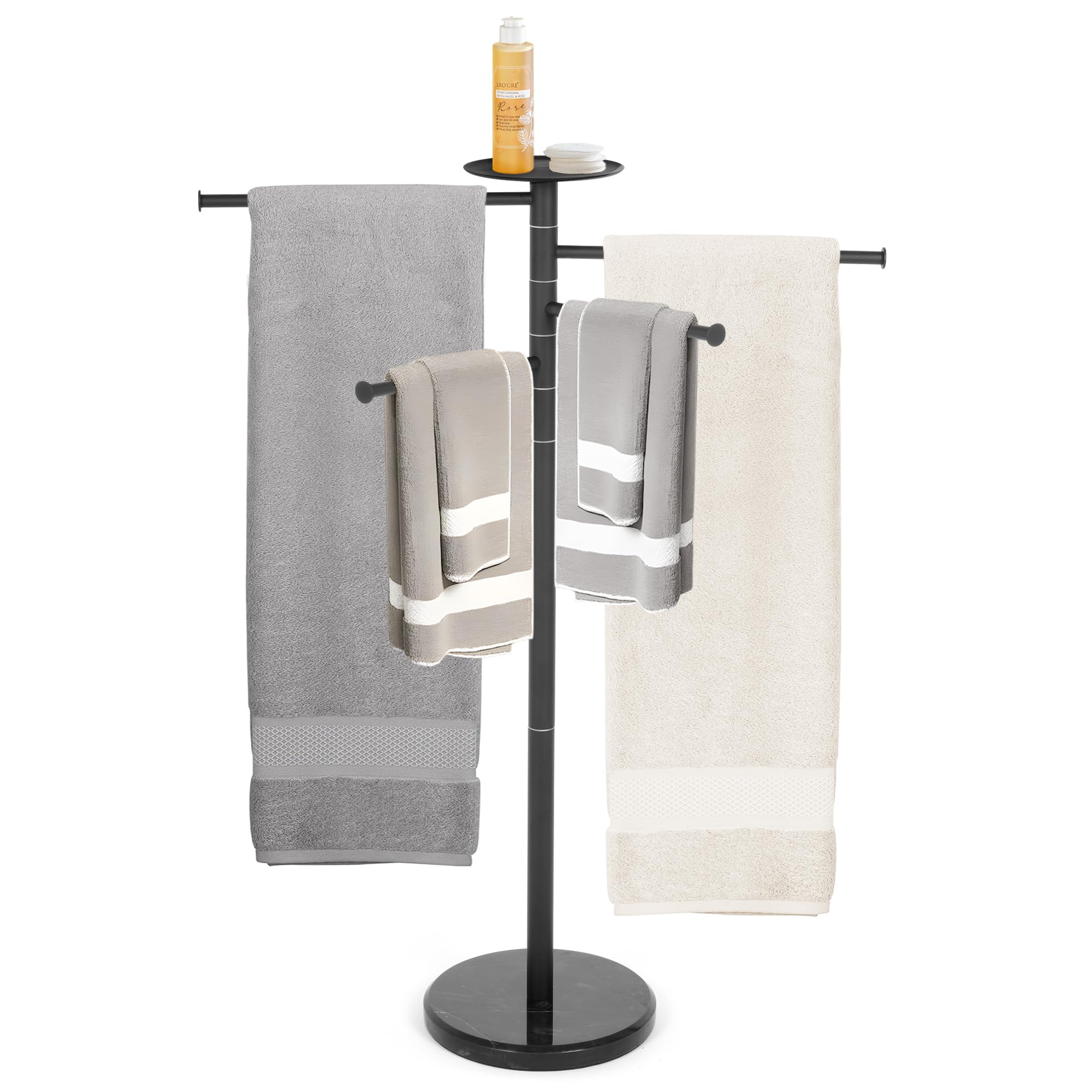 tonchean Freestanding Towel Rack for Bathroom, 4 Swivel Arms Standing Towel Racks with Weighted Marble Base, Towel Holder for Bathroom Bedroom