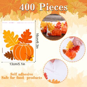 Whaline 400Pcs Fall Cellophane Bags Self-Adhesive Autumn Leaves Pumpkin Cello Bags Plastic Harvest Thanksgiving Candy Goodie Treat Bags for Party Favor Supplies, 5.1 x 5.1 Inch