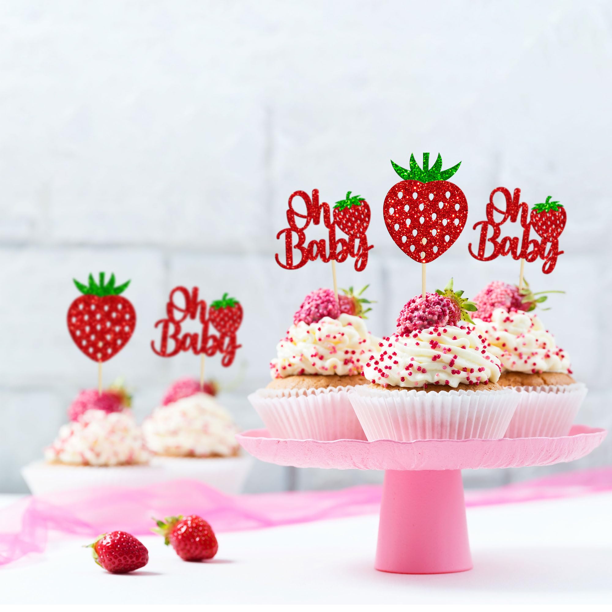 24 Pack Sweet Oh Baby Cupcake Toppers Glitter Oh Baby Strawberry Cupcake Picks Fruit Berry Cupcake Decorations for Summer Strawberry Baby Shower Kids Birthday Party Supplies Red