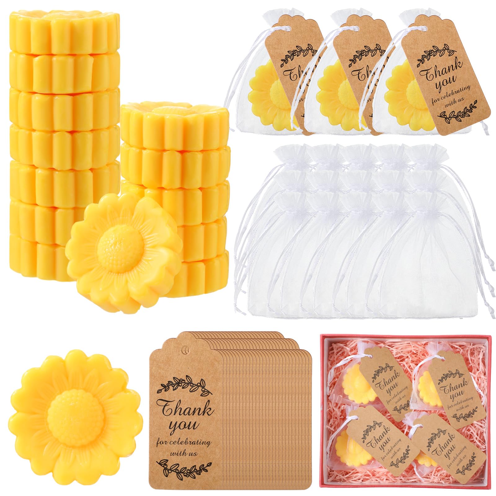 Dansib 25 Set Sunflower Style Mini Soap Cute Handmade Soap for Wedding Party Favors Small Bridal Shower Gifts Sunflower Style Soap Favors with Drawstring Organza Bags Thank You Cards (Yellow)