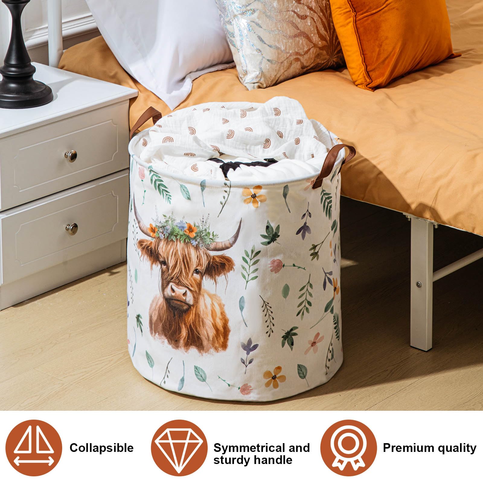 Barydat 2 Pcs Highland Cow Storage Basket, 17.3'' x 16.5'' Collapsible Waterproof Laundry Hamper, Nursery Toys Clothes Storage Basket Bin, Floral Farm Animal Holder Organizer for Bathroom