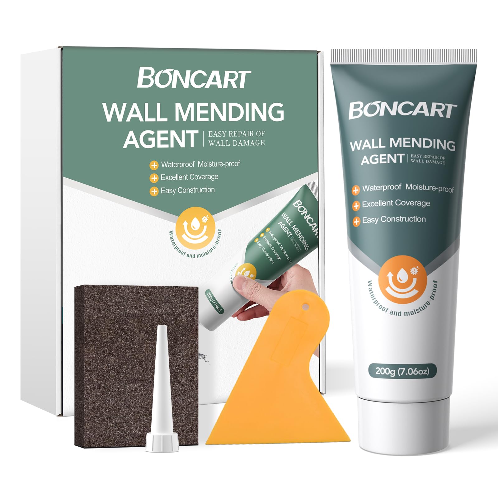 Boncart Spackle Wall Repair Kit, Drywall Repair Kit, 200g Wall Hole Filler, Wall Mending Agent, Wall Putty Hole Repair, Wall Putty with Scraper/Sanding Sponge, Quick Repair for Wall Nail Holes/Crack