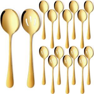 tioncy 16 pcs gold serving spoon set stainless steel cutlery utensils includes large metal slotted spoons for christmas buffet party banquet cooking kitchen, approx. 8.5 x 2 inches