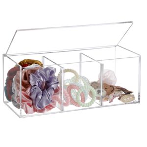 hipiwe acrylic organizer with lid clear jewelry display case divided bathroom organizer box multi-purpose desktop organizer for jewelry cosmetic candy hair accessories,rectangle with 3 compartment