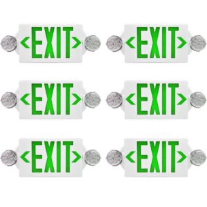 akt lighting led emergency light & exit sign combo, green exit sign, ul certified emergency exit light, adjustable lamps with back-up battery for business (green 6 pack)