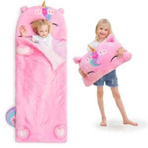 iplay, ilearn kids unicorn sleeping bag, toddler girl nap mat, plush animal slumber bag 2 in 1 pink pillow daycare preschool kindergarten birthday gift travel sleepover 3 4 5 6 7 8 10 12 yr child teen