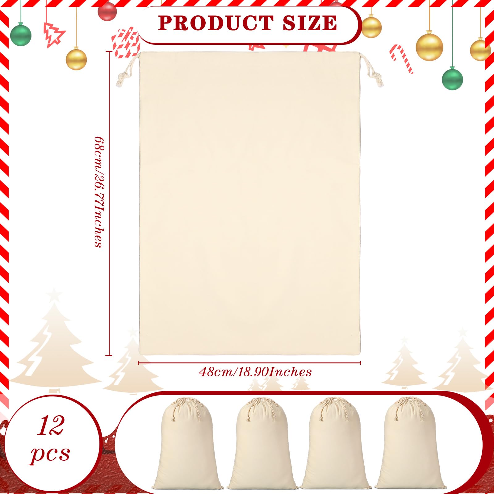 Abbylike 12 Pcs Santa Sublimation Blank Christmas Sacks with Drawstring Large Christmas Natural Cotton Heavy Duty Sack Laundry Bags for Xmas Gift Giving Sublimation Drawstring Bags 18.9 x 26.8 Inch