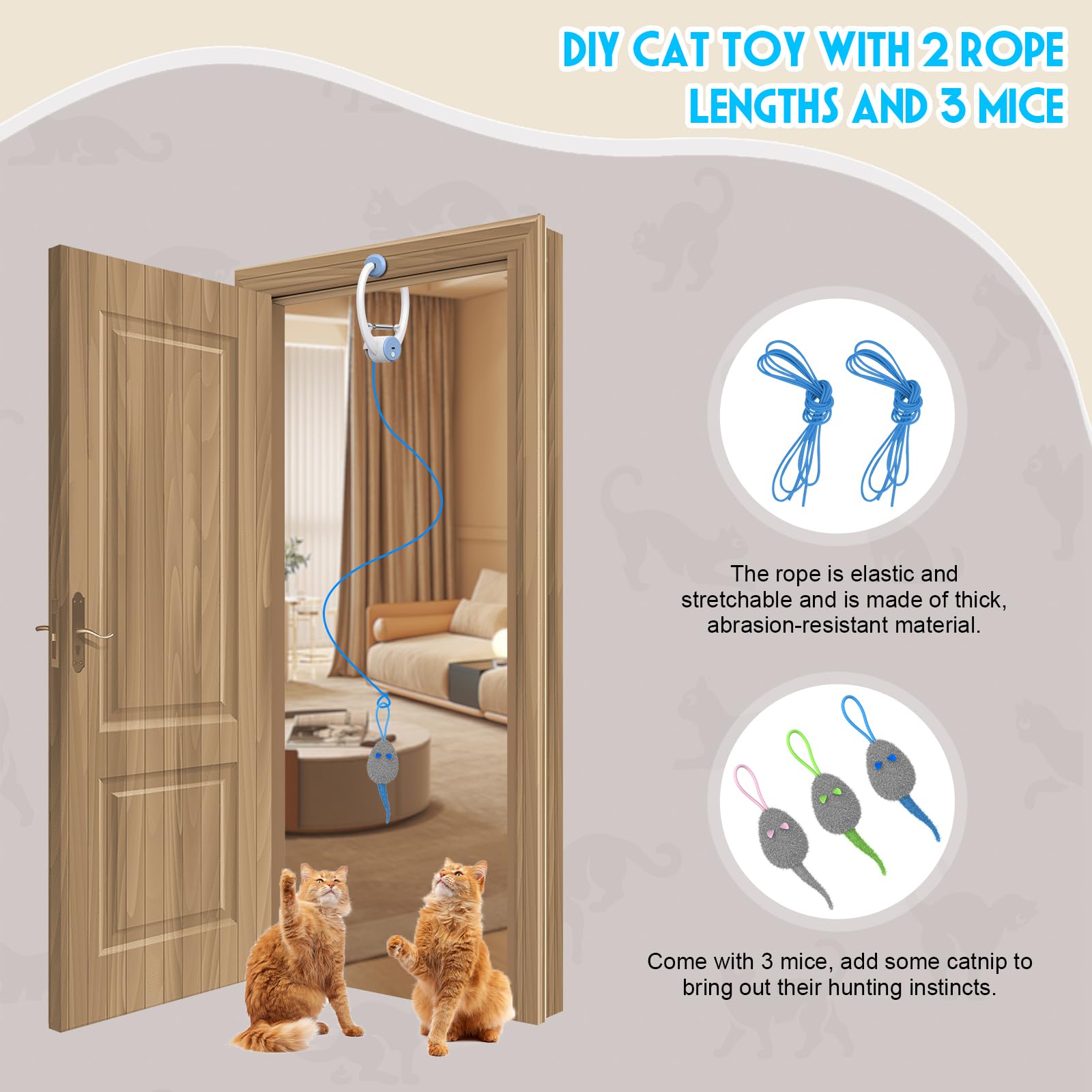 Kezlume Cat Toy Interactive for Indoor Cats, Smart USB Rechargeable Door Hanging Automatic Retractable Kitten Toys, Teaser Electronic Self Play Feather Cat String Toy Attached with 3 Catnip Mice White