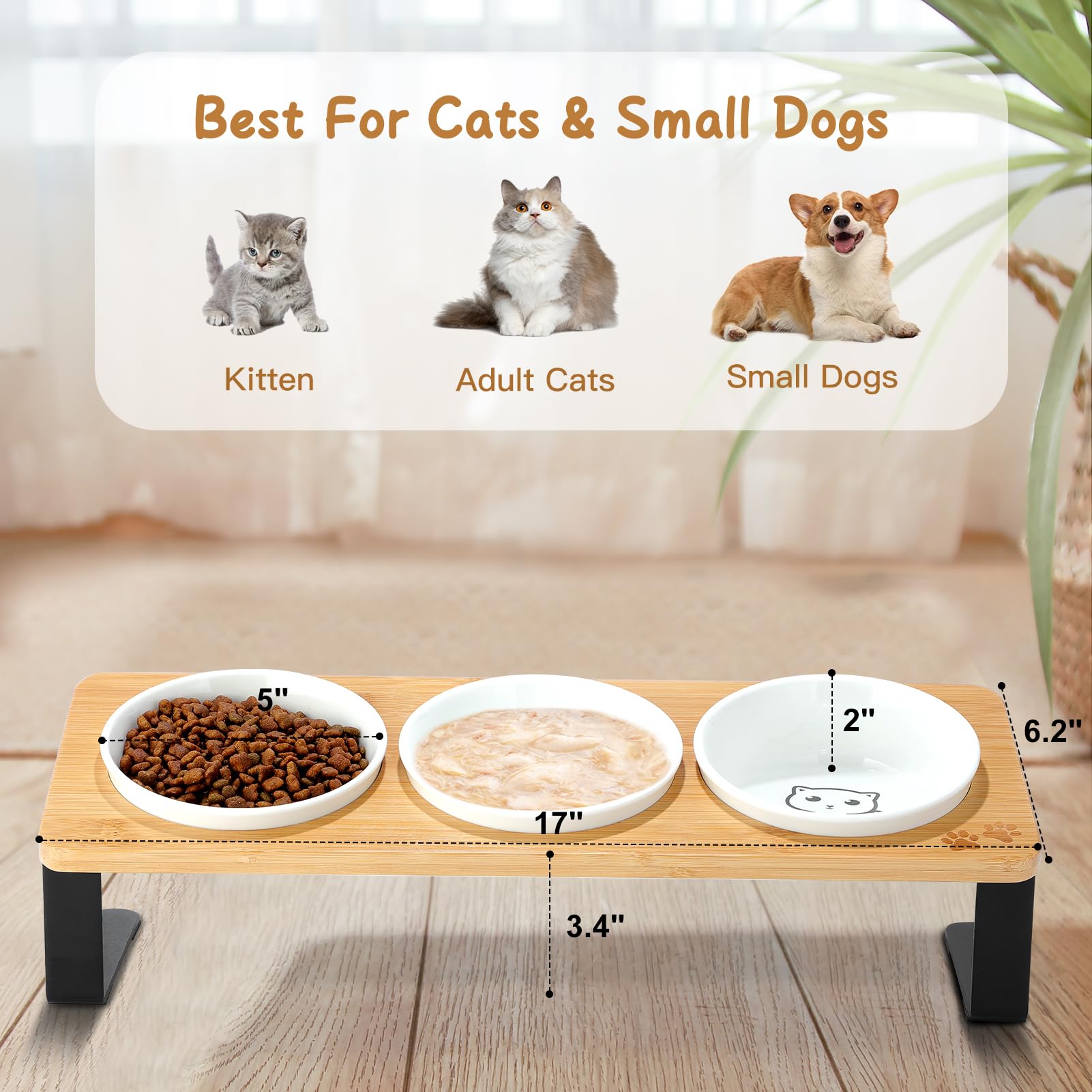 3 Elevated Cat Bowls Tilted Anti Vomiting Ceramic Raised Cat Food Bowls for Food and Water, Cat Dishes for Indoor Cats with Non-Slip Stand & Bamboo Board, Dishwasher Safe - 1 Step Assemble