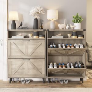 Halitaa Shoe Cabinet with 2 Flip Drawers,Shoe Storage Cabinet for Entryway,Freestanding Shoe Cabinet Organizer with Open Storage,Narrow Farmhouse Shoe Rack with Legs,Grey