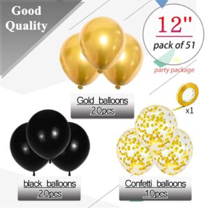 Black and Gold Balloons Kit, 12 Inches Metallic Gold Balloons Confetti Balloon and Black Balloons with Ribbon for Birthday Graduation New Year Decorations.50Pcs