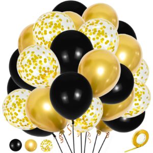 black and gold balloons kit, 12 inches metallic gold balloons confetti balloon and black balloons with ribbon for birthday graduation new year decorations.50pcs