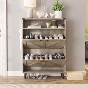 Halitaa Shoe Cabinet with 2 Flip Drawers,Shoe Storage Cabinet for Entryway,Freestanding Shoe Cabinet Organizer with Open Storage,Narrow Farmhouse Shoe Rack with Legs,Grey