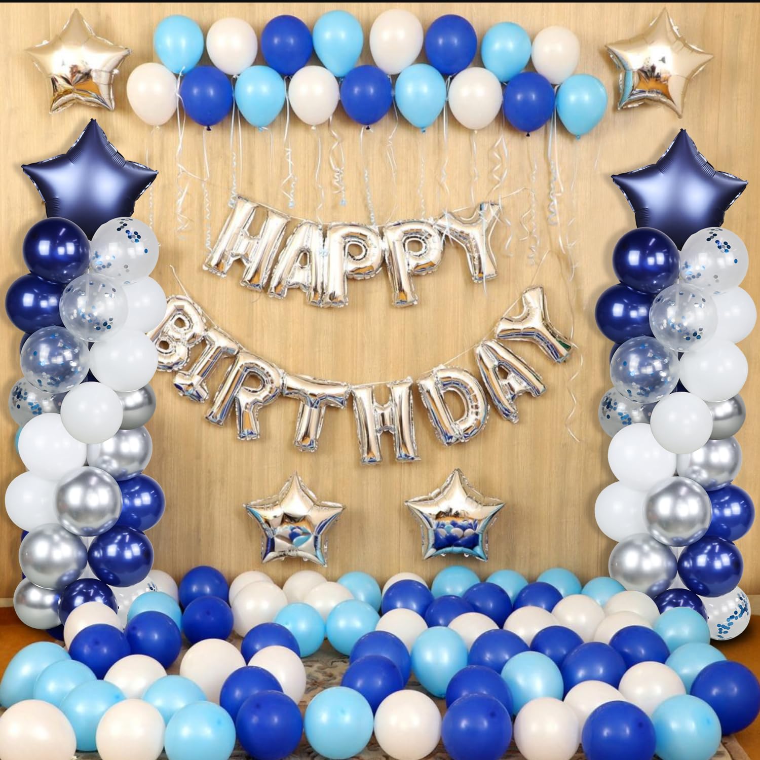 2 Set 5 Feet Balloon Column Kit With Balloons, 80 Pcs Navy Blue Silver Balloons, Navy Blue Start Balloons, for Boy Birthday, Wedding, Baby Shower, Bridal Shower, Graduation Party