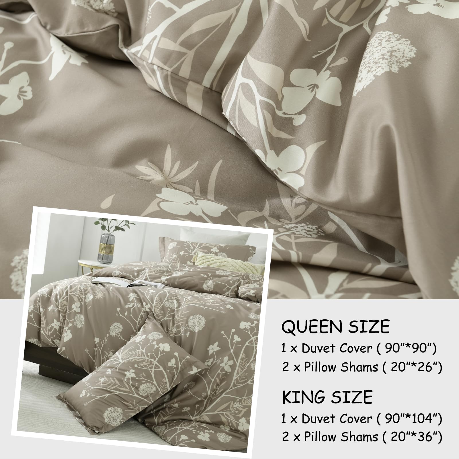 Bedduvit Floral Duvet Cover Queen Size - Tan Leaf Queen Duvet Cover Set, Soft Breathable Flower Patterned All Season Duvet Covers with Zipper Closure & 8 Ties (90"x90")