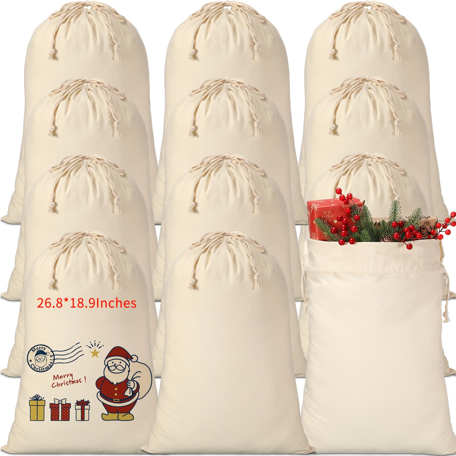 Abbylike 12 Pcs Santa Sublimation Blank Christmas Sacks with Drawstring Large Christmas Natural Cotton Heavy Duty Sack Laundry Bags for Xmas Gift Giving Sublimation Drawstring Bags 18.9 x 26.8 Inch