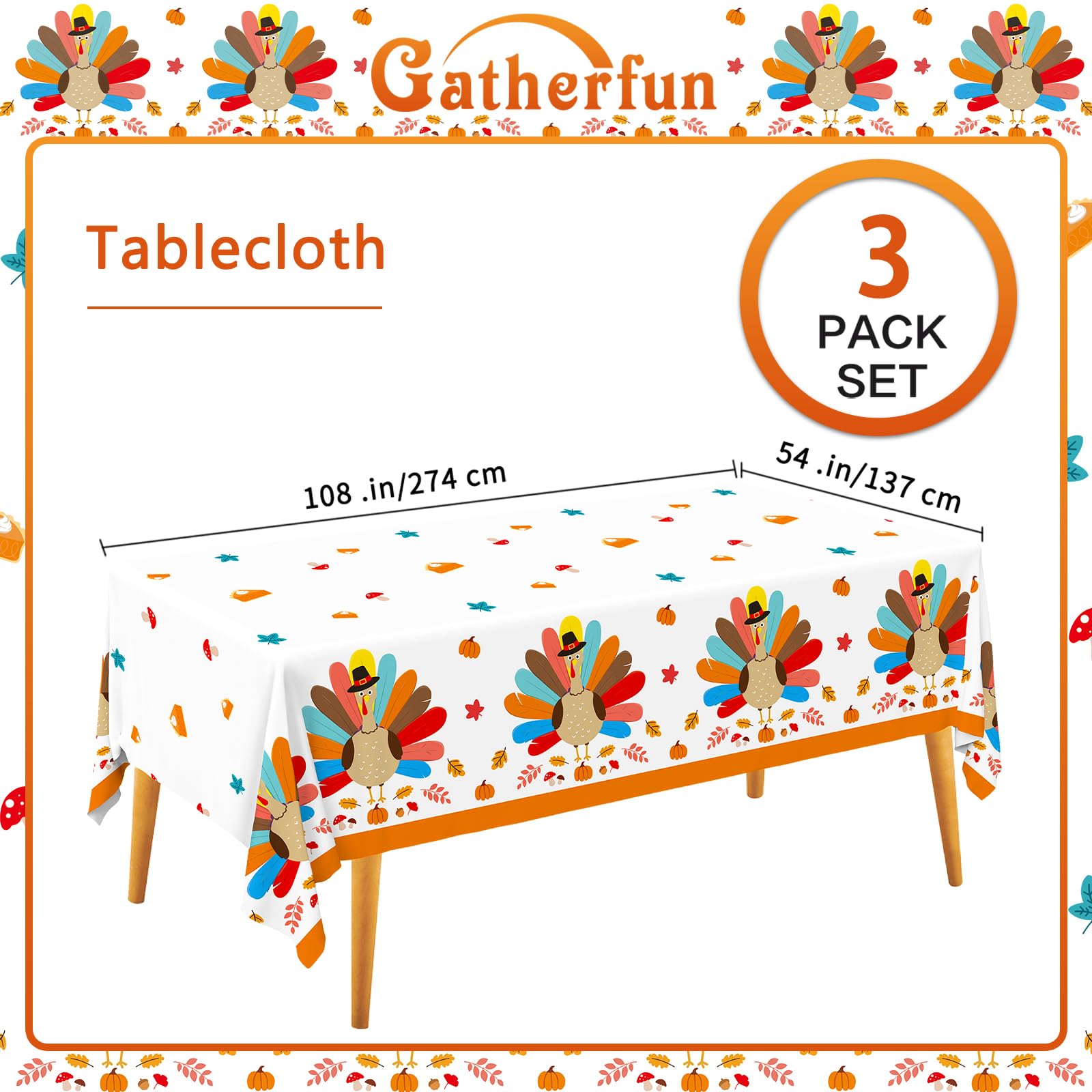 Gatherfun Turkey Thanksgiving Party Supplies - 3 Pack Disposable Plastic Tablecloth, 54”x108” Table Cover Ideal for Autumn and Thanksgiving Party Decorations