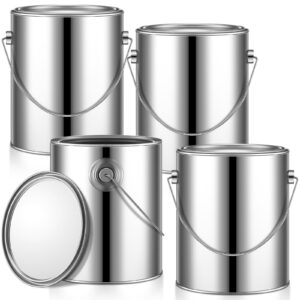 uiifan 4 pcs 1 gallon empty paint cans with lids metal paint bucket with handle paint containers paint pail tin for paint varnish craft diy art supply storage (silver)