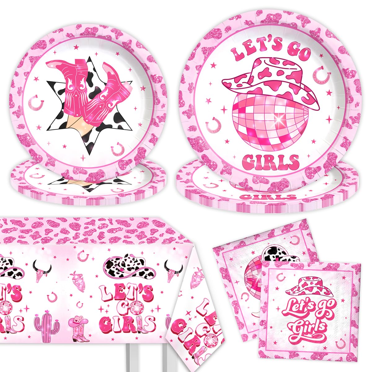 Cowgirl Party Decorations-Lets Go Girls Plates and Napkins Kit Hot Pink Bachelorette Party Supplies Disco Western Cowgirl Tableware Set for Birthday,Bridal Shower