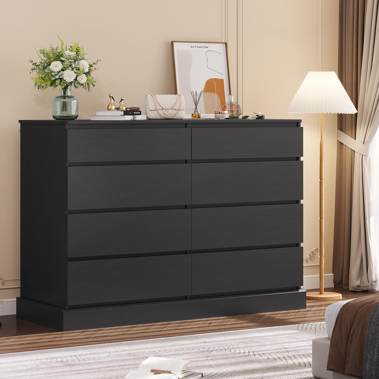 EPHEX 8 Drawers Bedroom Dresser, Modern Large Double Dressers for Bedroom, Black Storage Organizer Chest of Drawers for Living Room, Entryway, Dimensions 51.6''L x 15.7''D x 37.7''H