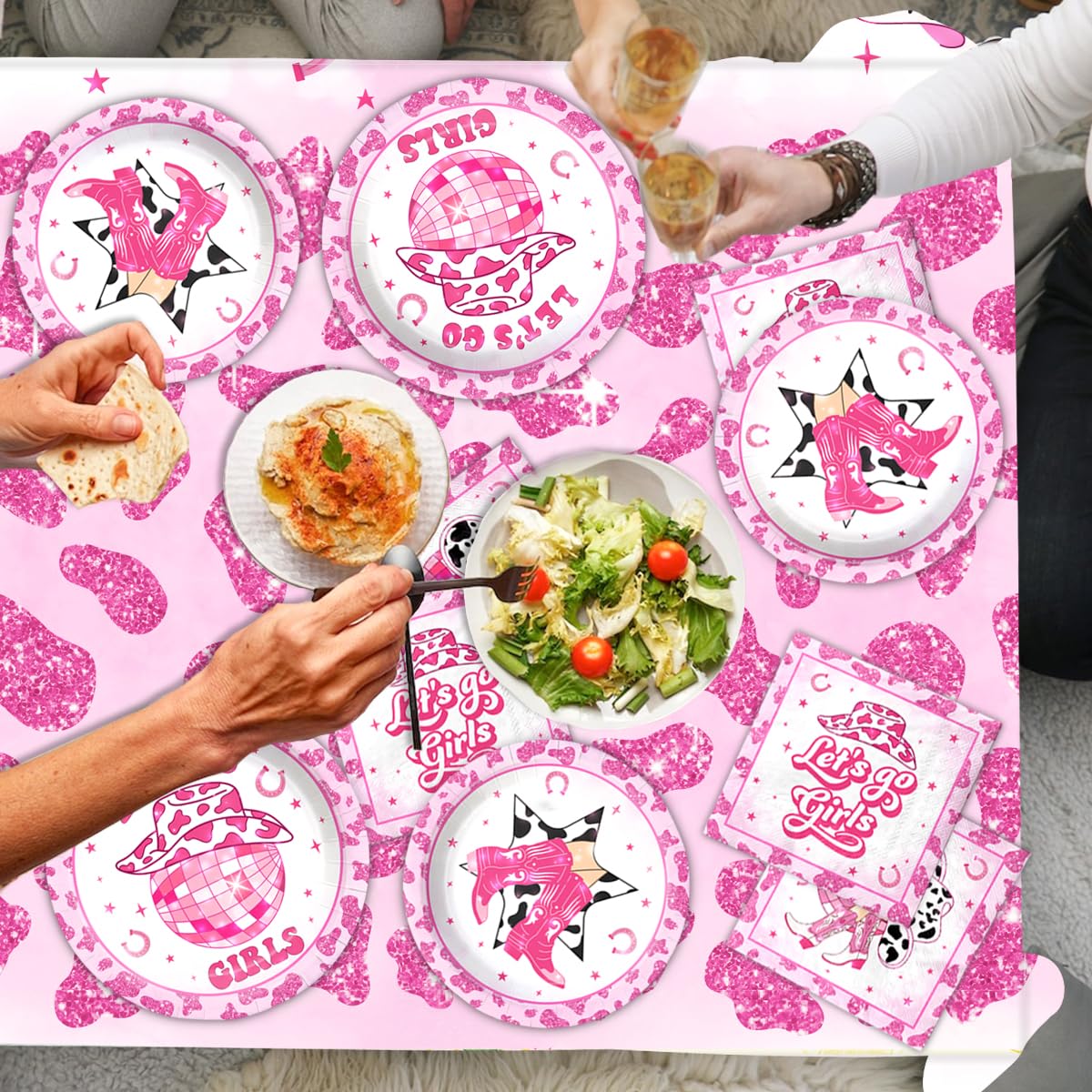 Cowgirl Party Decorations-Lets Go Girls Plates and Napkins Kit Hot Pink Bachelorette Party Supplies Disco Western Cowgirl Tableware Set for Birthday,Bridal Shower