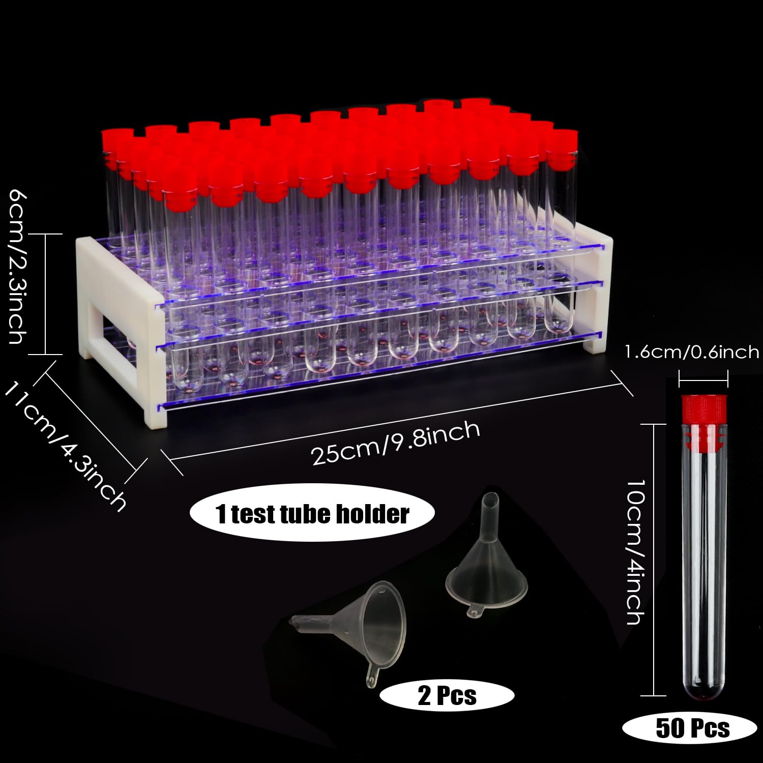 Test Tubes with Rack,50 Pack Clear Plastic Test Tubes16x100mm - with Secure Caps & Durable Holder Rack, Ideal for Scientific Experiments, Candy Beads Sample Storage, Kids Party Supplies (16x100mm)