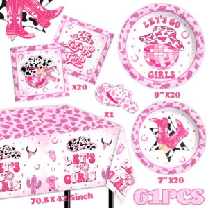 Cowgirl Party Decorations-Lets Go Girls Plates and Napkins Kit Hot Pink Bachelorette Party Supplies Disco Western Cowgirl Tableware Set for Birthday,Bridal Shower